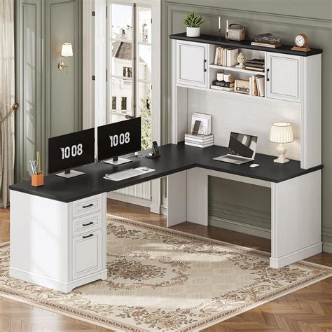 Sedeta Farmhouse L Shaped Desk With Hutch And 3 Drawers 68