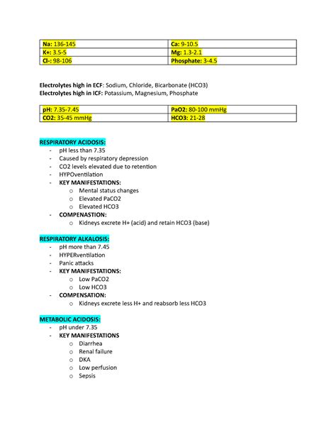 Review Notes Fluid Electrolytes Abg Oxygenation Sleep Na 136 145 Ca 9 10 K 3 5 Mg