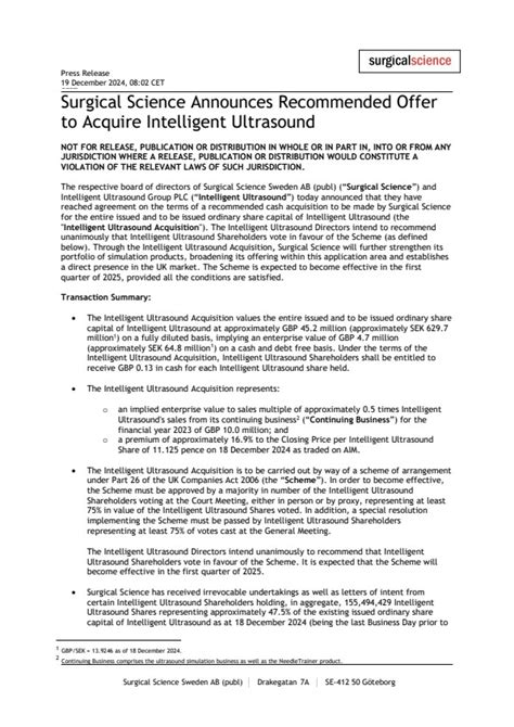 Surgical Science Announces Recommended Offer To Acquire Intelligent Ultrasound Surgical Science