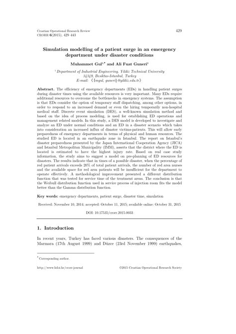 Pdf Simulation Modelling Of A Patient Surge In An Emergency Department Under Disaster Conditions