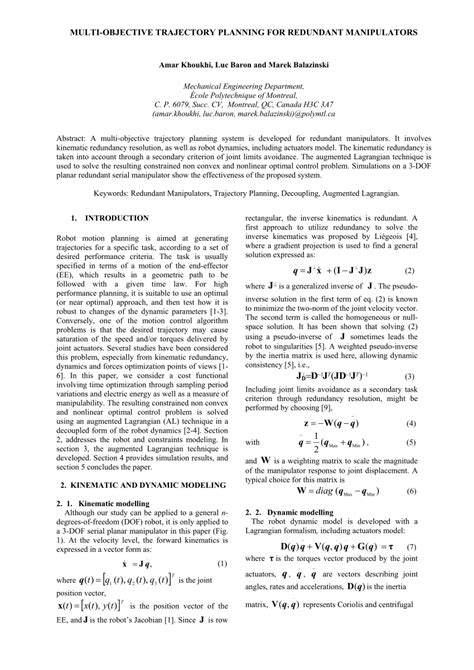 Pdf Multi Objective Trajectory Planning For Redundant Manipulators