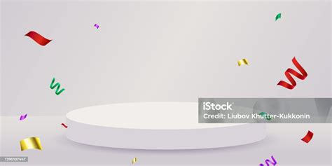 떨어지는 색상 색종이와 3d 흰색 연단 배경 프리미엄 제품 스테이지 플랫폼 장면 스탠드 어워드 쇼 화장품 프리젠 테이션 최소한의 디자인 인테리어 받침대 바닥 벡터