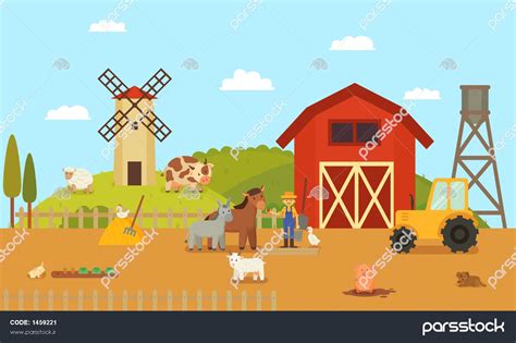 تصویر کارتون رنگارنگ مزرعه انبار چیدمان خانگی برج آب آسیاب و تراکتور