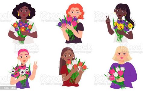 아름 다운 여자와 꽃의 꽃다발과 벡터 삽화의 집합입니다 3월에 대한 스톡 벡터 아트 및 기타 이미지 3월 갈색 머리 공휴일 Istock