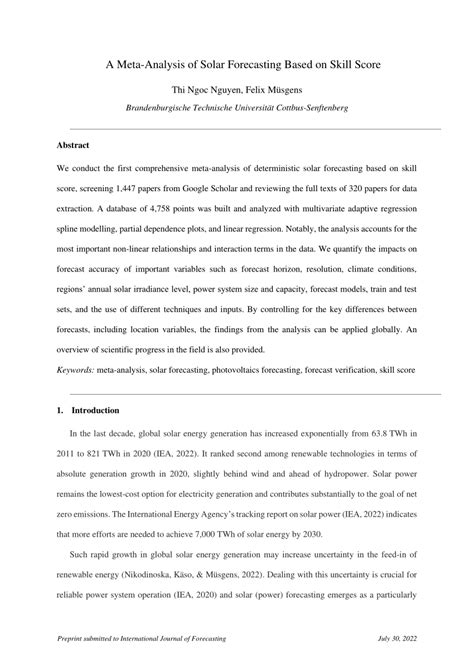 Pdf A Meta Analysis Of Solar Forecasting Based On Skill Score