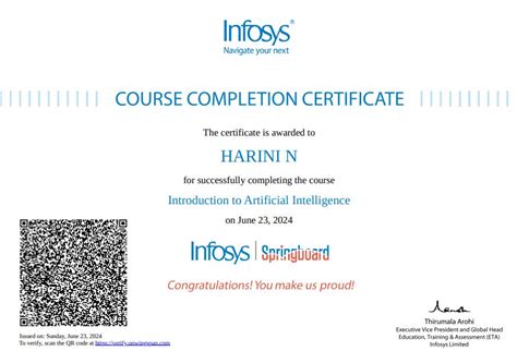 Harini Natarajan On Linkedin Ai Artificialintelligence Infosys Springboard Certification