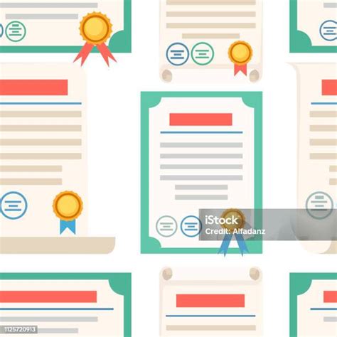 완벽 한 패턴입니다 인증서 아이콘의 집합입니다 황금 상 배지와 인증서입니다 흰색 바탕에 평면 벡터 일러스트 레이 션 0명에 대한 스톡 벡터 아트 및 기타 이미지 Istock