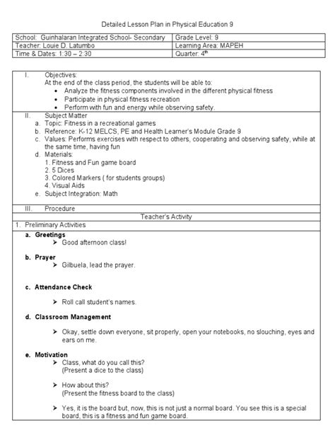 Detailed Lesson Plan In Physical Education 9 4th Qtr Pdf Physical
