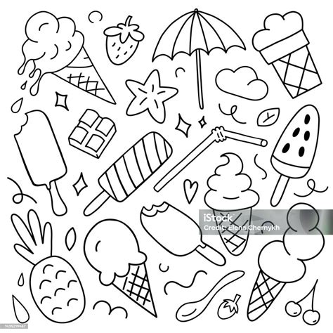 아이스크림 여름 손으로 그린 세트 흰색 배경에 아이스크림 콘 공 및 과일 얼음의 다양한 종류와 맛 고립 된 간단한 개체 개체 그룹에 대한 스톡 벡터 아트 및 기타 이미지