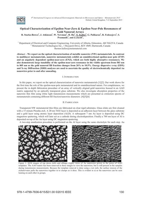 Pdf Optical Characterization Of Epsilon Near Zero And Epsilon Near Pole Resonances Of Gold