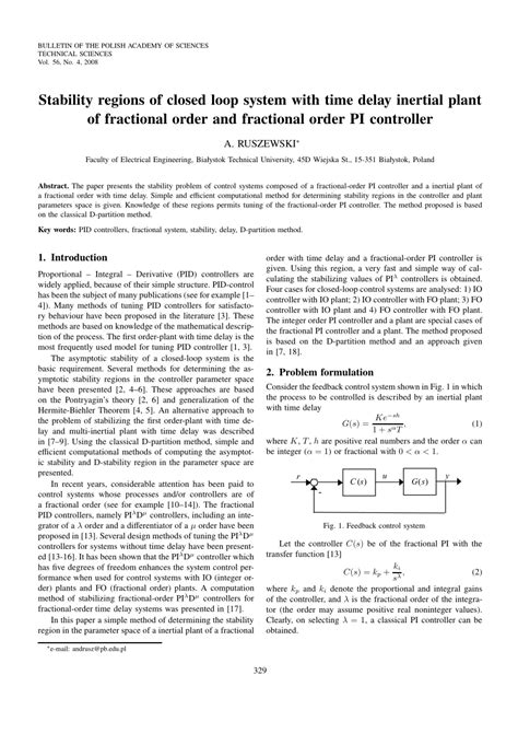PDF Stability Regions Of Closed Loop System With Time Delay Inertial Plant Of Fractional Order