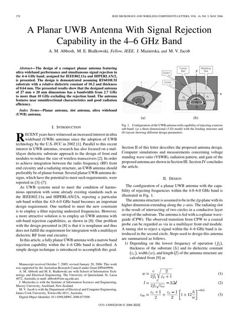 Pdf A Planar Uwb Antenna With Signal Rejection Capability In The 4 6