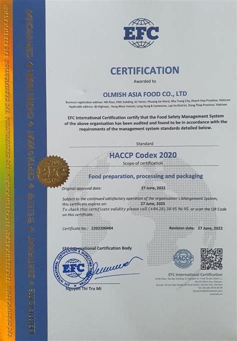 Olmish Asia Food Coltd Certificates
