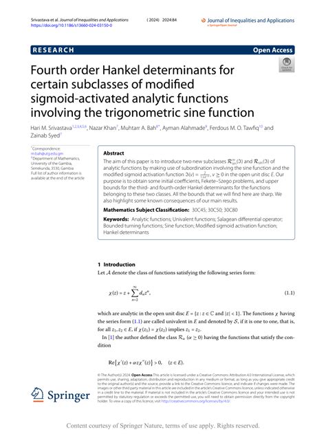 Pdf Fourth Order Hankel Determinants For Certain Subclasses Of Modified Sigmoid Activated
