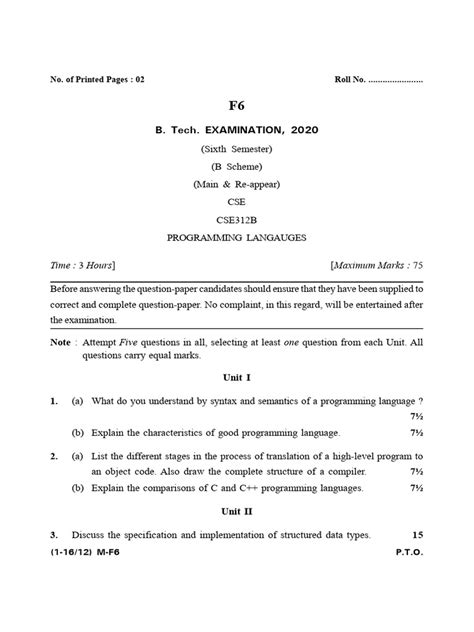 Btech Cse 6 Sem Programming Langauges F6 2020 Pdf Programming