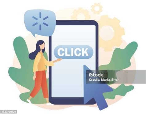 스마트폰 화면의 여기를 클릭하세요 버튼을 클릭합니다 커서 포인터 기호입니다 거대한 마우스 화살표 클릭을 가진 작은 사람들 인터넷