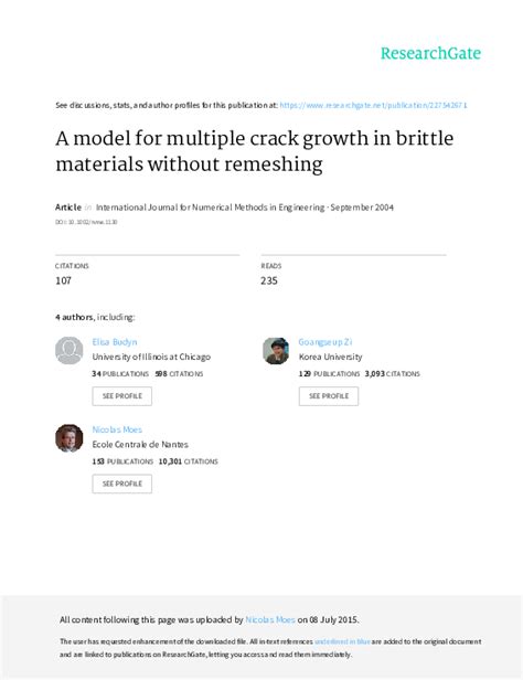 Pdf A Method For Multiple Crack Growth In Brittle Materials Without Remeshing
