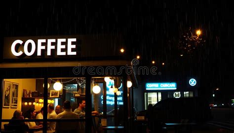 Cozy Coffee Shop Exterior At Night Inviting Lights Urban Scene Stock