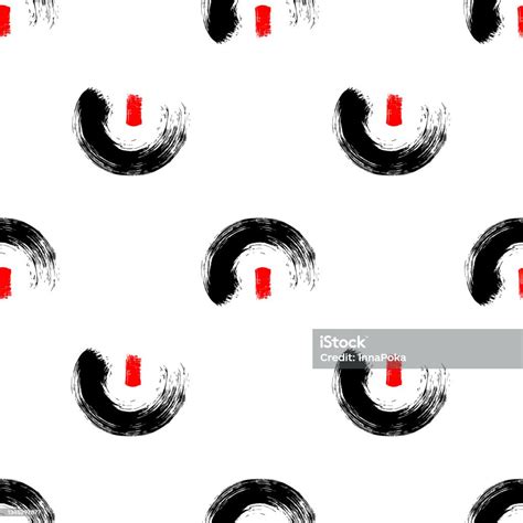 흰색 배경에 격리 된 검은 반 원 브러시 스트로크와 빨간색 선이있는 추상적 인 매끄러운 패턴 잉크 그런지 텍스처 일본 식 벡터 벽지 초밥에 대한 스톡 벡터 아트 및 기타