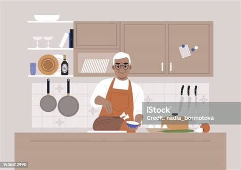 추수 감사절 부엌에서 구운 칠면조를 요리하는 고위 남성 백인 캐릭터 도마 요리 도구에 대한 스톡 벡터 아트 및 기타 이미지 도마 요리 도구 요리하기 음식 준비