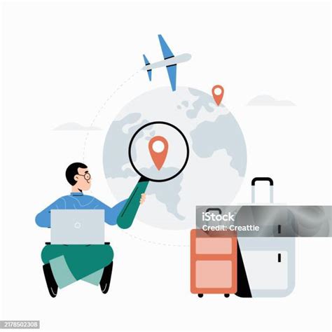 여행 계획 탐색 및 모험을 상징하는 평면 벡터 일러스트 레이 션에서 세계지도에 돋보기를 사용하여 짐을 가진 남성 여행자 흰색 배경에 고립되어 있습니다 개념에 대한 스톡 벡터