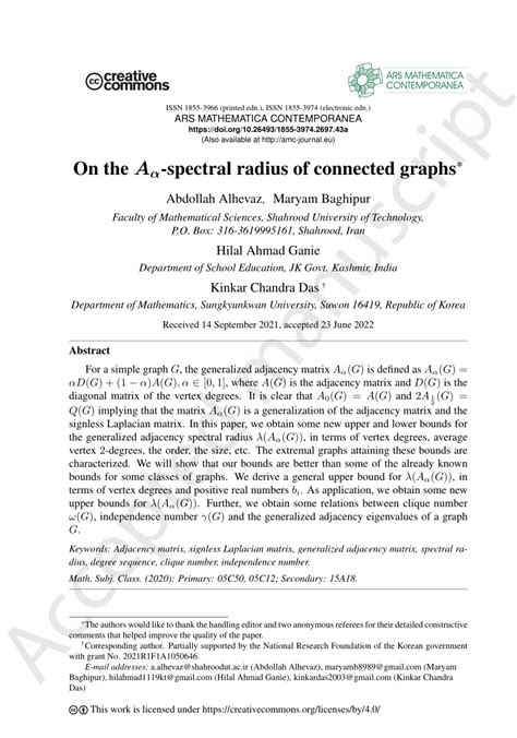 Pdf On The Aα Spectral Radius Of Connected Graphs