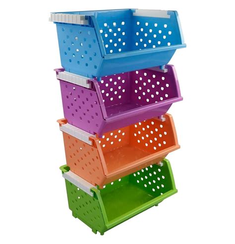 Drevy 4 Pack Large Plastic Stackable Storage Basket Multi Functional