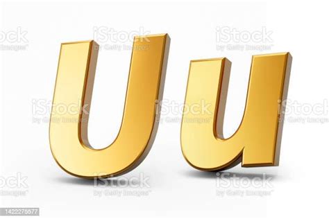 흰색 고립 된 배경 자본 및 작은 편지 3d 그림에 금 금속으로 된 3d 문자 U 3차원 형태에 대한 스톡 사진 및 기타 이미지
