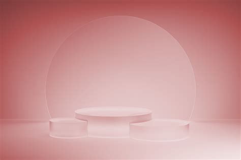3d 사실적인 연단 배경 밝은 분홍색 흰색에 3 개의 젖빛 투명 유리 원통형 받침대 세트 빛나는 디스크 모형 3d 렌더링 배치 제품을 위한 무대 쇼케이스 플랫폼 0명에 대한