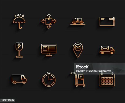 세트 라인 배달화물 트럭 차량 스톱워치 우산 및 비 방울 핸드 박스 캘린더 앱 배달 추적컴퓨터 모니터 포스트 및 자리 표시자 지도 용지 아이콘 벡터 검은색에 대한 스톡 벡터