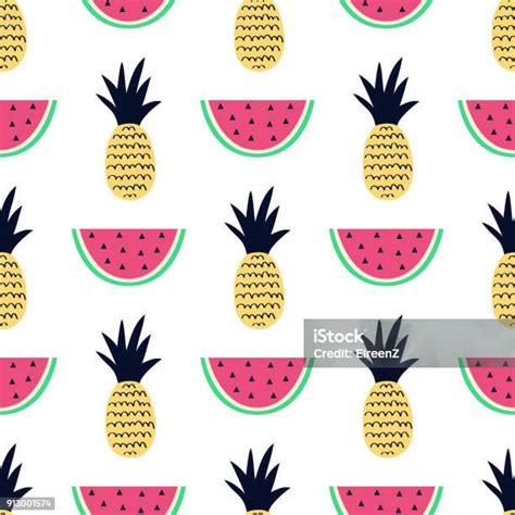 파인애플과 수 박과 벡터 완벽 한 패턴입니다 귀여운 여름 과일 배경입니다 0명에 대한 스톡 벡터 아트 및 기타 이미지 0명 건강한 식생활 계절 Istock