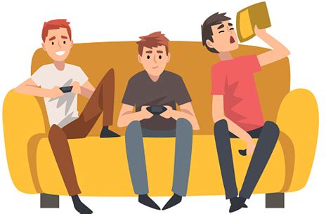 남자는 소파에 앉아서 컴퓨터 게임 최고의 친구 들과 함께 좋은 시간을 보내고 남성 우정 벡터 일러스트 레이 션 놀기에 대한 스톡 벡터 아트 및 기타 이미지 Istock