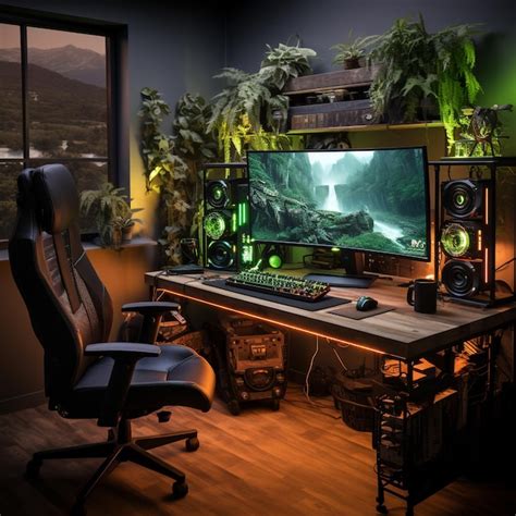 Premium Ai Image Gaming Computer Setup Rgb Lighting And Curved Monitor Gaming Chair Rgb