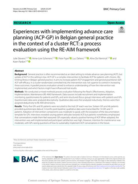 Pdf Experiences With Implementing Advance Care Planning Acp Gp In Belgian General Practice