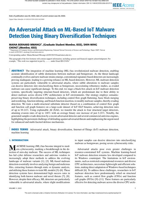 Pdf An Adversarial Attack On Ml Based Iot Malware Detection Using Binary Diversification