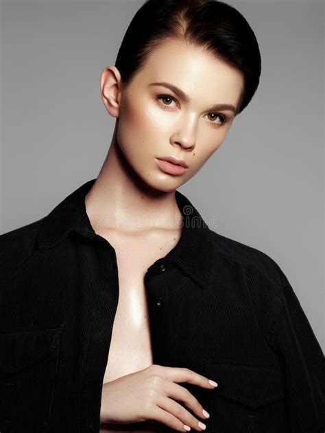 Fashion Model Portrait Beautiful Young Woman On Grey Background Model With Natural Makeup