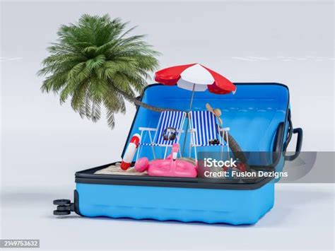 해변 의자 우산 모자 카메라 코코넛 나무 및 여행 수하물에 해변 액세서리가 있는 여름 휴가 여행사 광고에 대한 여름 휴가 개념은