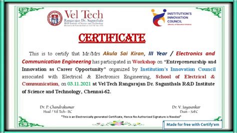 Certificate For Akula Sai Kiran For Feedback Form For Workshop Pdf