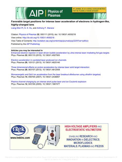 Pdf Favorable Target Positions For Intense Laser Acceleration Of Electrons In Hydrogen Like