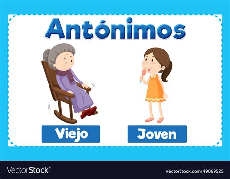 Viejo And Joven Antonym Word Card In Spanish Vector Image