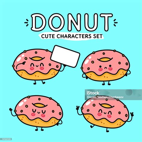 재미 귀여운 행복한 도넛 캐릭터 번들 세트 벡터 카와이 라인 만화 스타일 일러스트레이션 귀여운 도넛 마스코트 캐릭터 컬렉션 0명에 대한 스톡 벡터 아트 및 기타 이미지