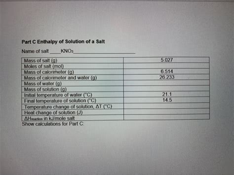 Solved Part C Enthalpy Of Solution Of A Salt Name Of Salt Chegg Com