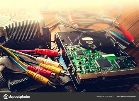 Close Up Of Computer Parts And Wires Old Computer Hard Drive And