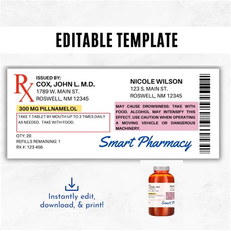 Prescription Label Template Editable Horizontal Rx Bottle Label