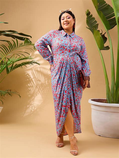 Buy Sassafras Curve Plus Size Printed Shirt Collar Cuffed Sleeves Fit