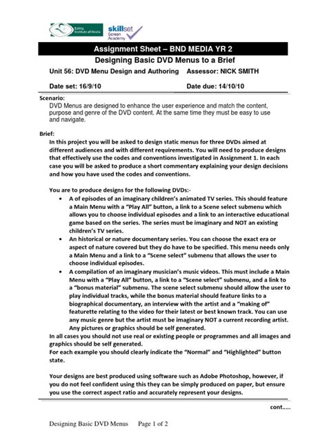 designing basic dvd menus to a brief assignment sheet bnd media yr 2 pdf menu computing