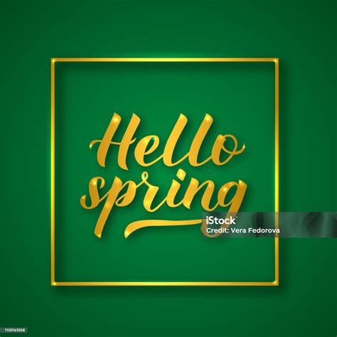 안녕하세요 봄 녹색 바탕에 골드 프레임 반짝 글자 영감을 인용 합니다 계절 타이 포 그래피 포스터입니다 손 로고 디자인을 작성입니다 배너 전단지 배지 벡터 템플릿 편집을