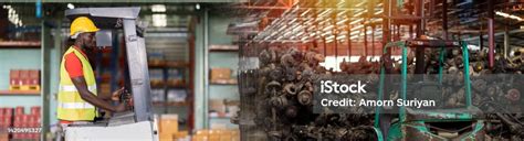 자동차 예비 부품 보관 창고에서 지게차 트럭을 운전하는 아프리카 계 미국인 남성 창고 노동자 공장 산업 건물에 대한 스톡 사진 및 기타 이미지 Istock