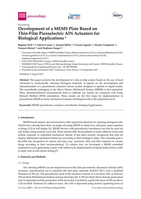 Pdf Development Of A Mems Plate Based On Thin Film Piezoelectric Aln Actuators For Biological