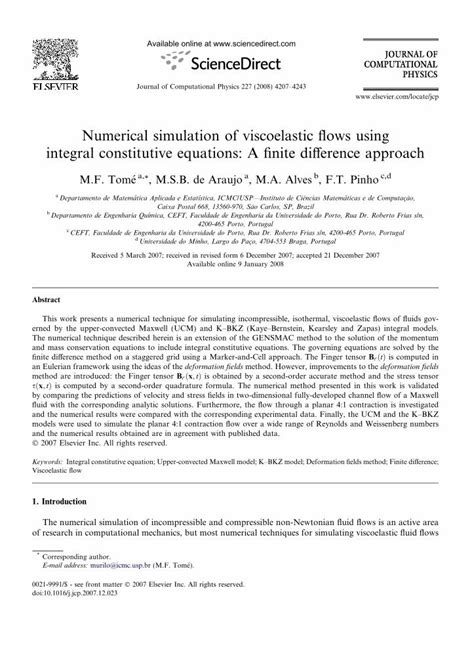 Pdf Numerical Simulation Of Viscoelastic Flows Using Integral Constitutive Equations A Finite